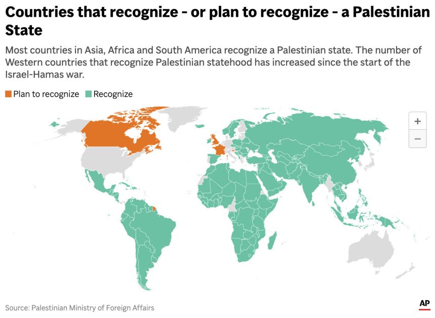A map showing countries that recognize a Palestinian state and those ...