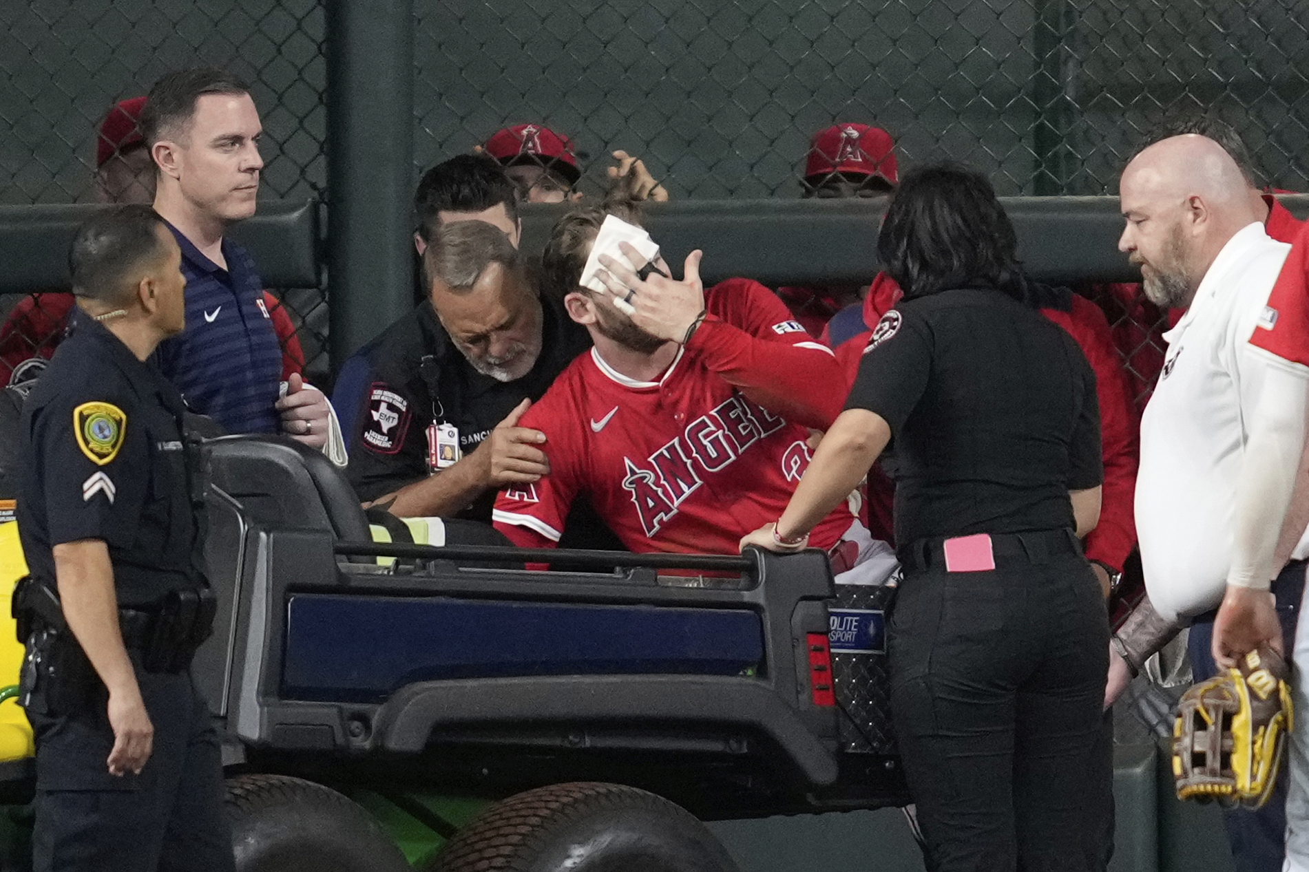 Angels’ Taylor Ward carted off field after crashing into scoreboard ...